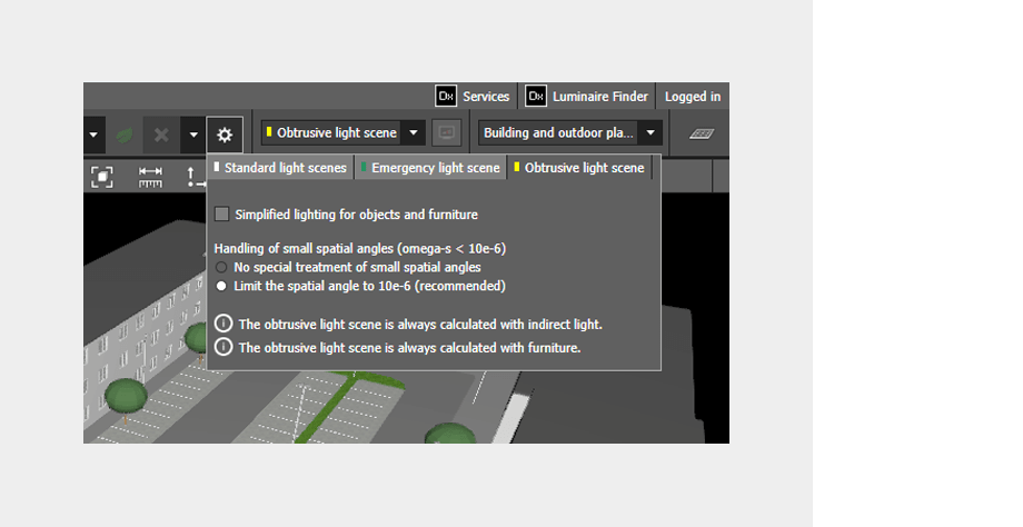 Outlook: Obtrusive light calculation in DIALux evo